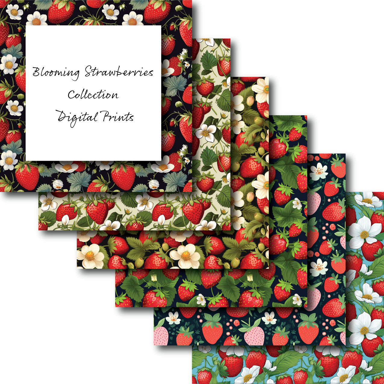Blooming Strawberries Prints Patterns Collection of Six Printable ...