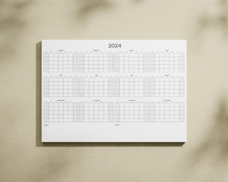 2024 Year Wall Calendar Printable A1 Size Landscape Plain Minimal 2024 ...