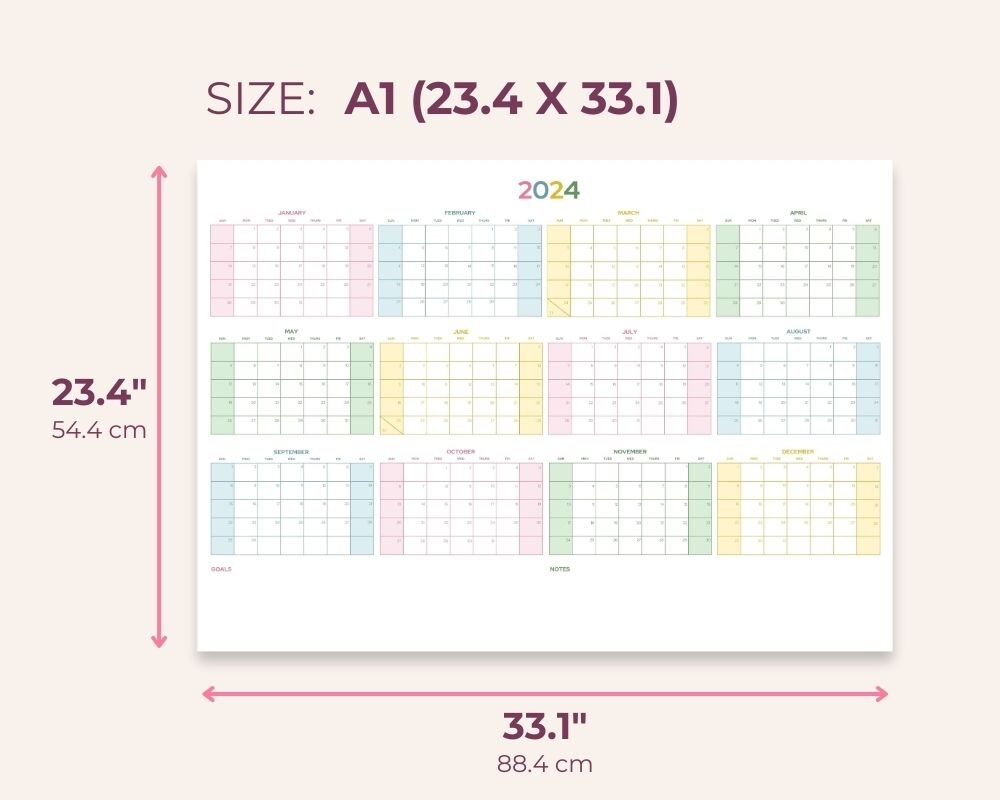 2024 Year Wall Calendar Printable A1 Size Landscape Colourful 2024 Year ...