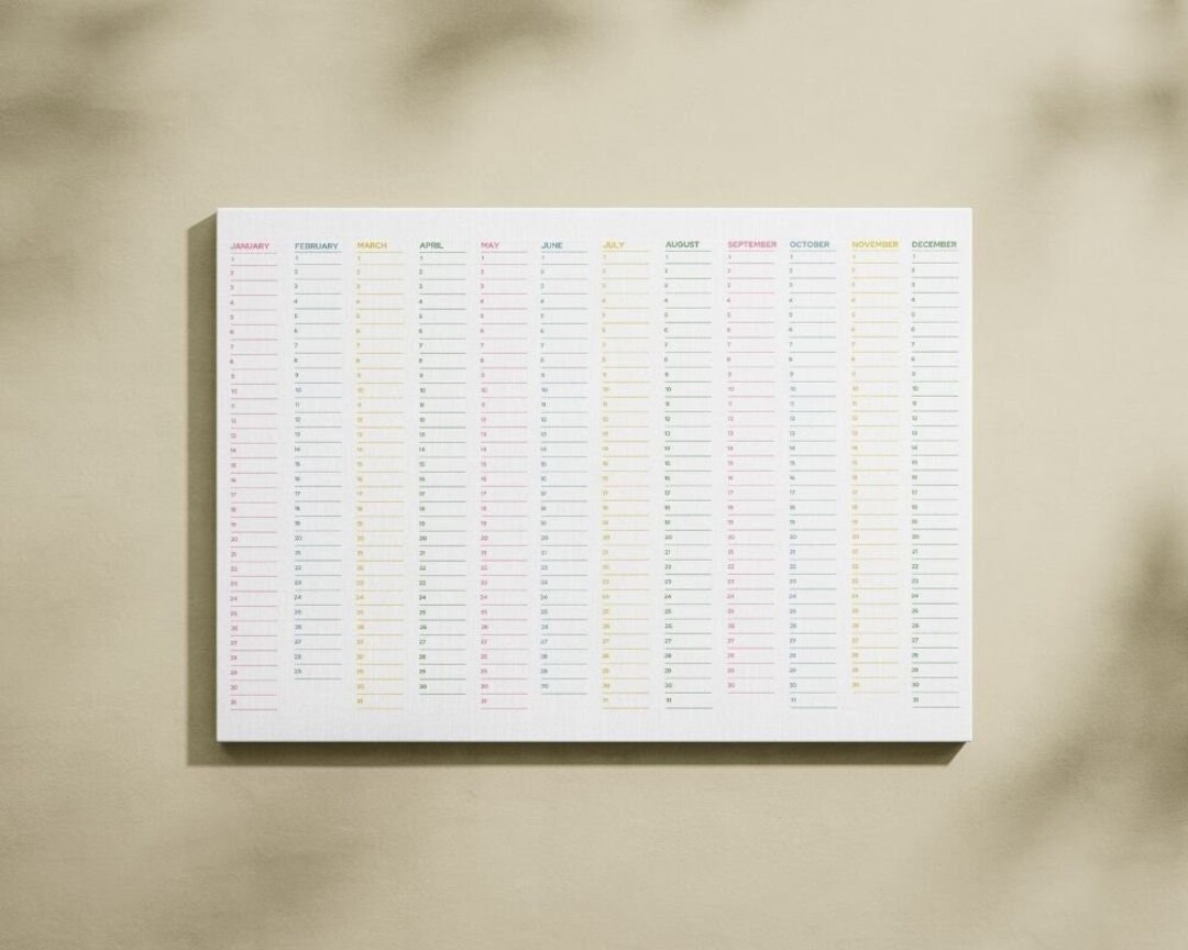 Perpetual Year Wall Calendar Printable A1 Size Landscape Colourful Year ...