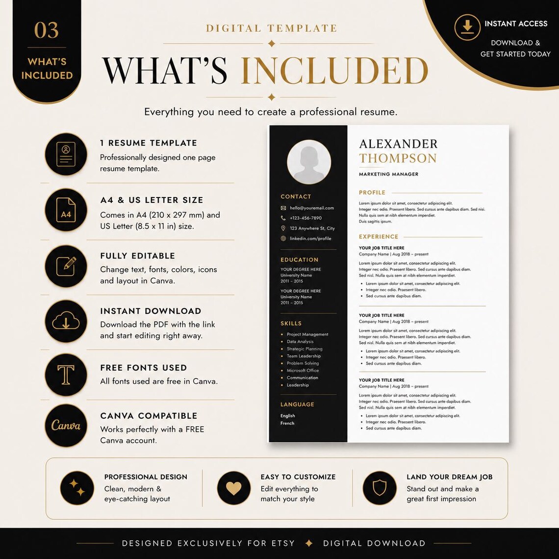 Executive Resume Template Canva | Professional CV Template | Editable ...