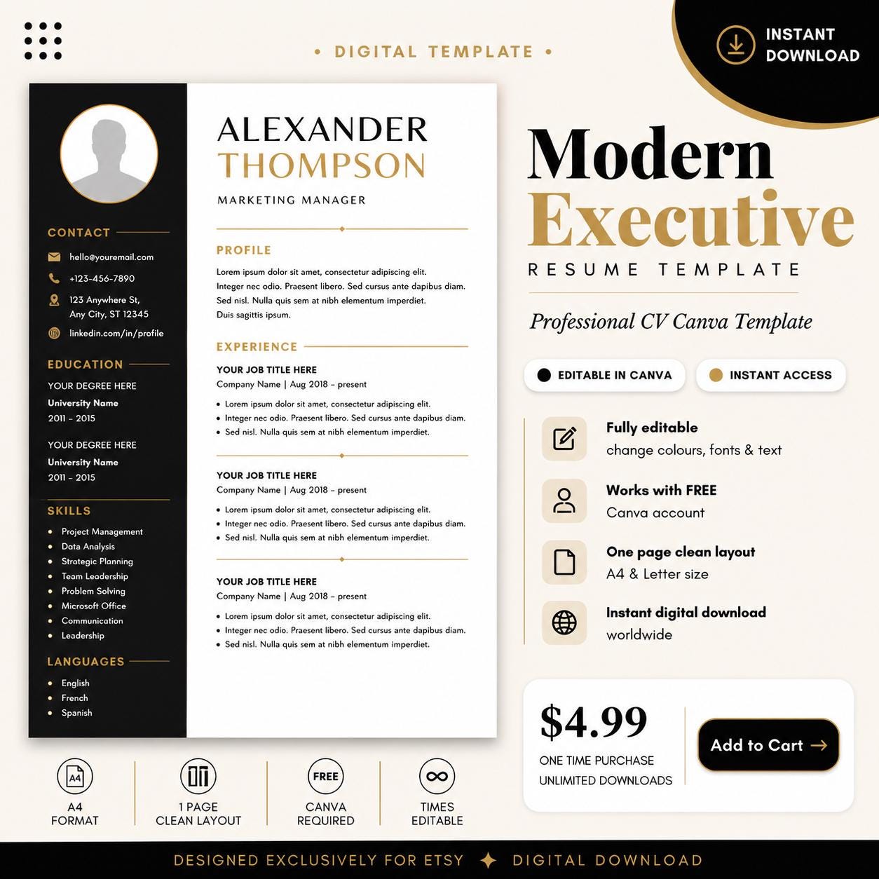 Executive Resume Template Canva | Professional CV Template | Editable ...