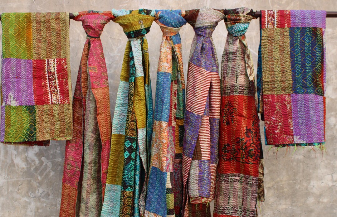 Unique Vintage Indian Silk Handmade Kantha Scarf, Patchwork Scarf ...