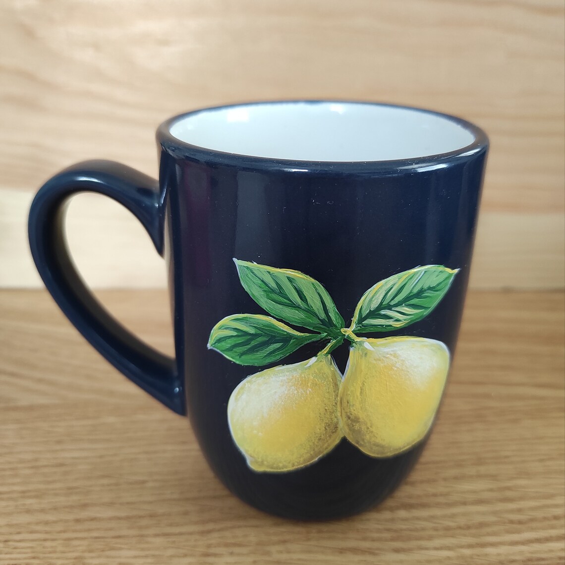 Lemon Mug Blue Cup With Yellow Lemons Hand Painted 12 Oz - Etsy