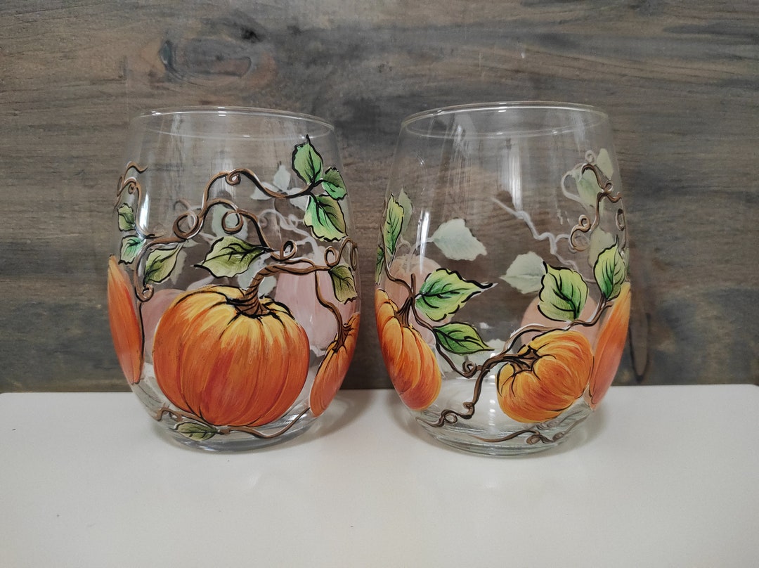 2 Pumpkin Stemless Wine Glasses; Set of 2; Engagement Gift; Anniversary ...