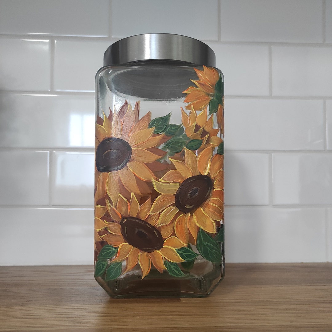 Big, Hand Painted, Glass Jar With Sunflowers Housewarming Birthday Sunflower Jar Glass Storage ...
