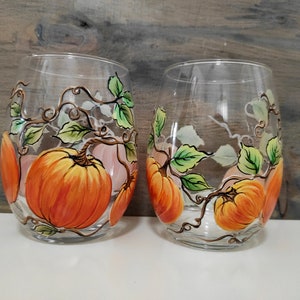 2 Pumpkin Stemless Wine Glasses; Set of 2; Engagement Gift; Anniversary ...