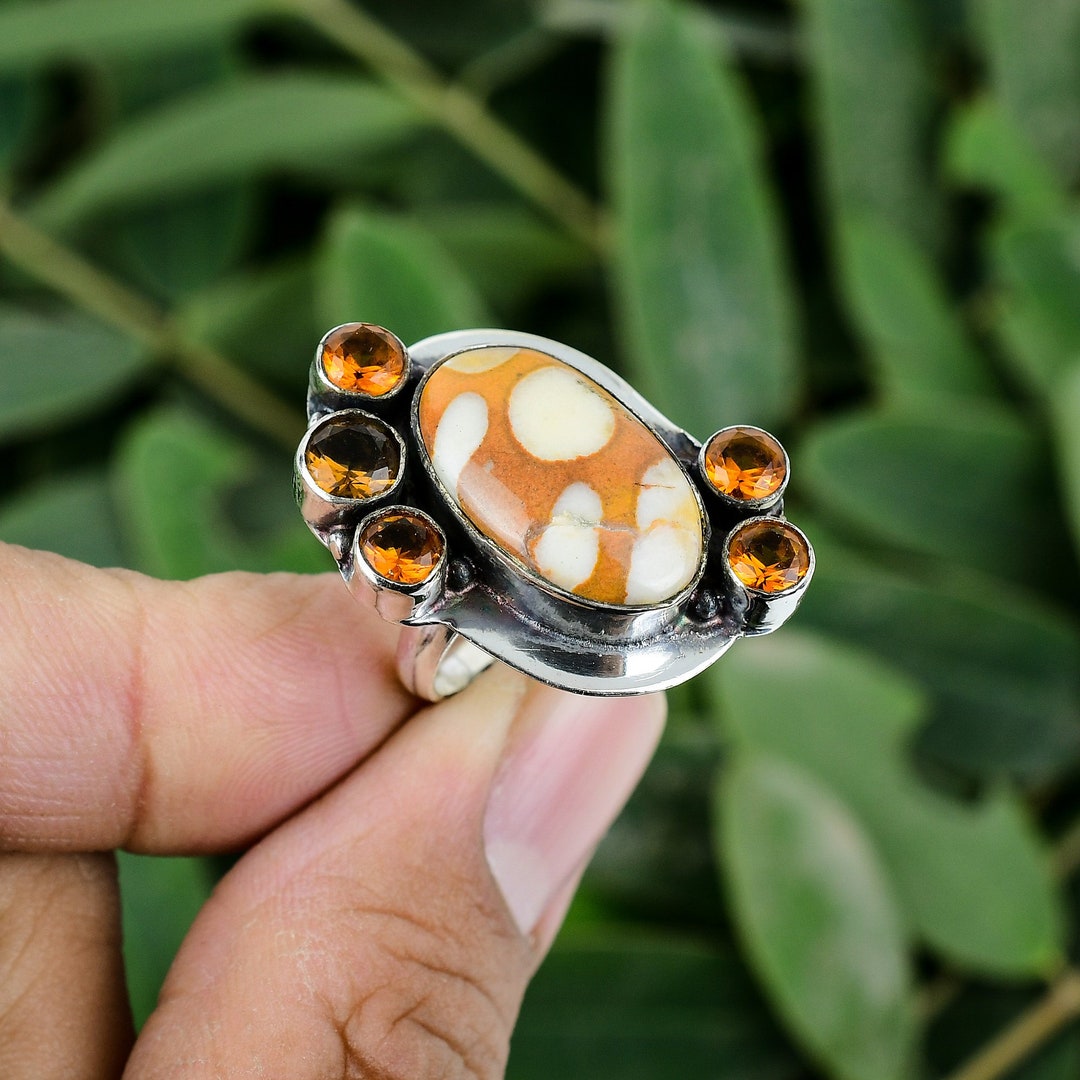 Deer Fawn Jasper Sterling Silver Ring - Adjustable Smoky Quartz Accent ...