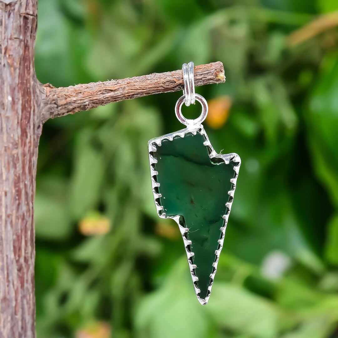 Handmade Sterling Silver Lightning Bolt Pendant: Canadian Nephrite Jade ...
