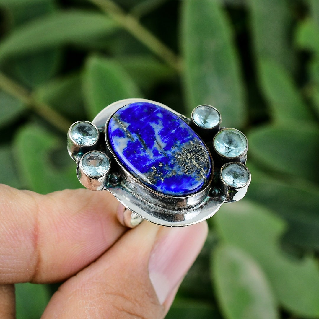 Lapis Lazuli Gemstone Sterling Silver Ring Adjustable Ring Blue Topaz ...