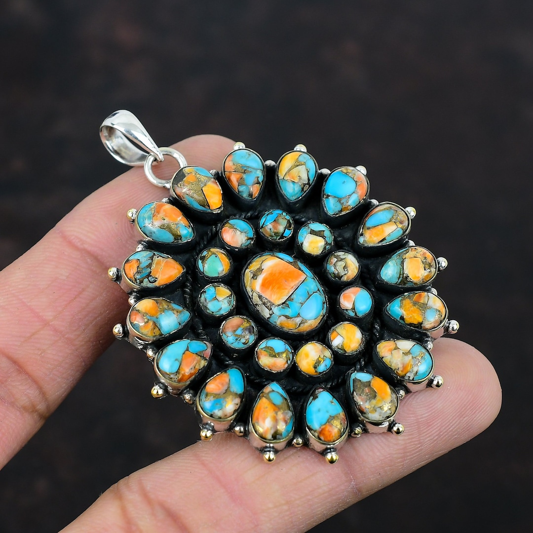 Turquoise Spiny Oyster Gemstone Pendant, Multi Stone Cluster Pendant ...