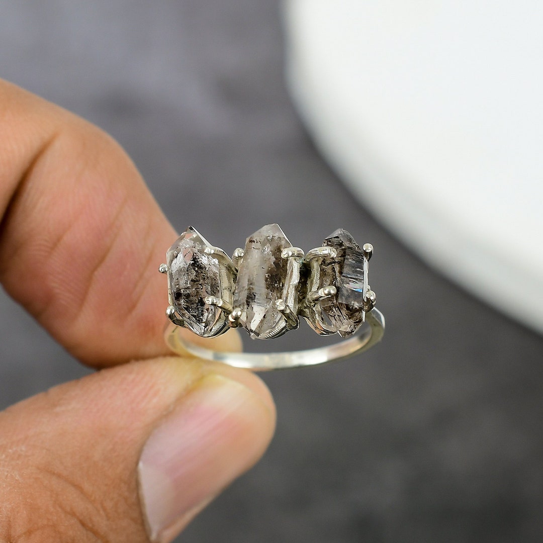 Handmade Herkimer Diamond Ring: Raw Salt and Pepper Gemstone, 925 ...