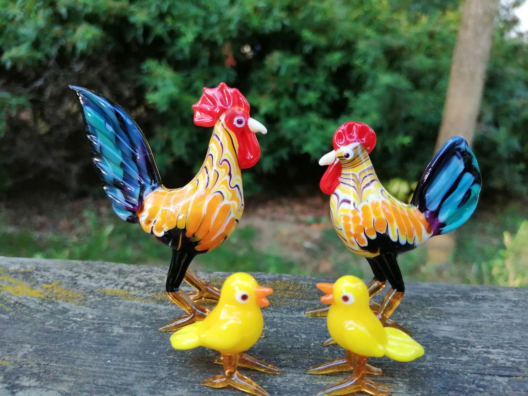Glass Chicken Family, Rooster, Hen, Chicks, Glass Rooster Figurine ...