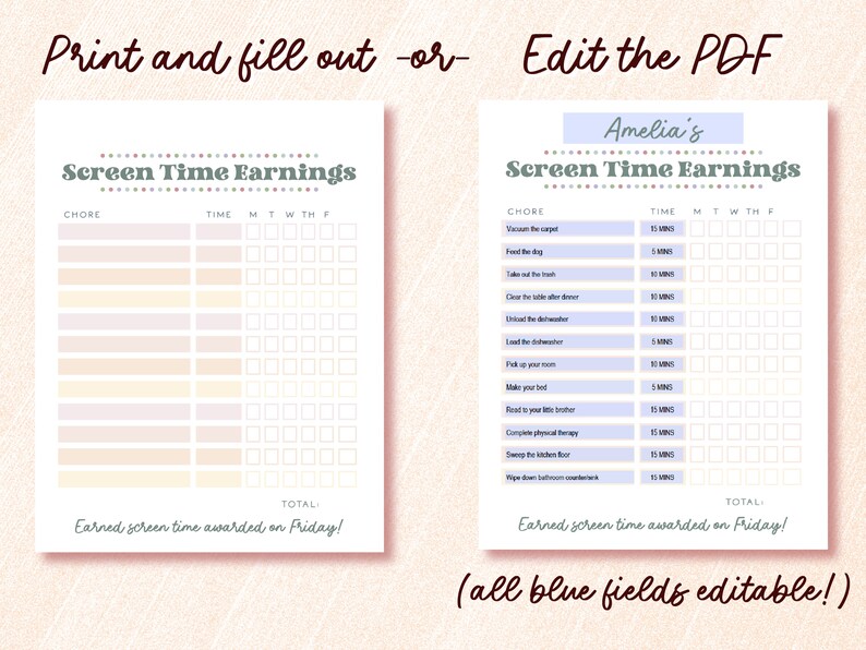 Screen Time Checklist: Chore Chart for Kids & Teens (editable PDF) - Etsy