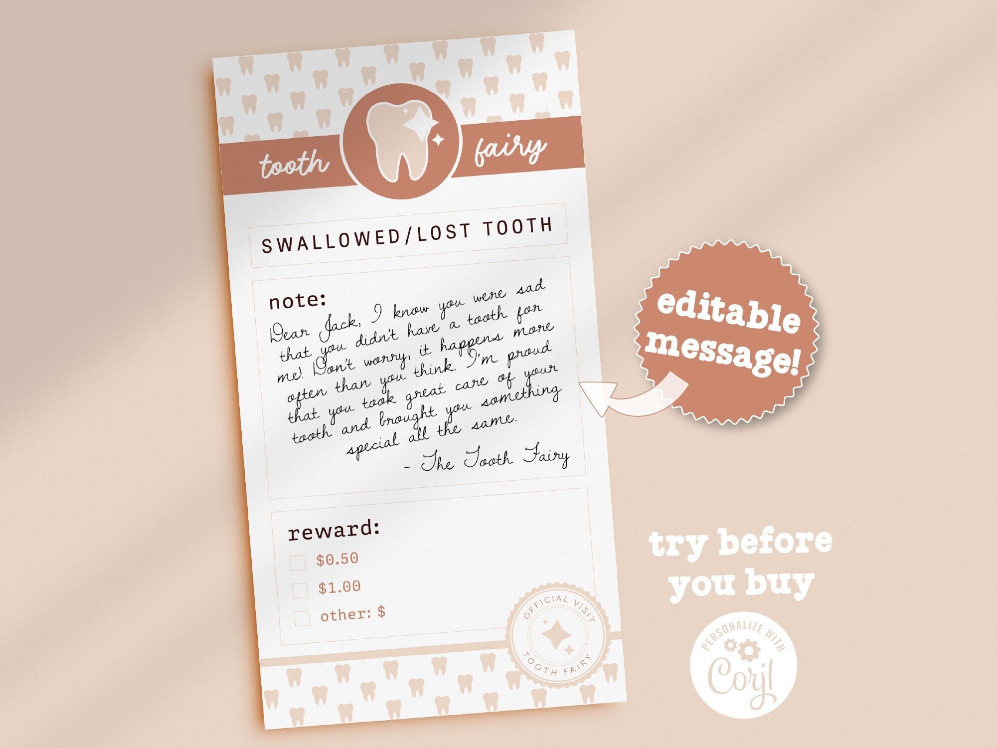 Editable Swallowed Tooth Fairy Letter Instant Download Lost or Missing Tooth for Tooth Fairy ...