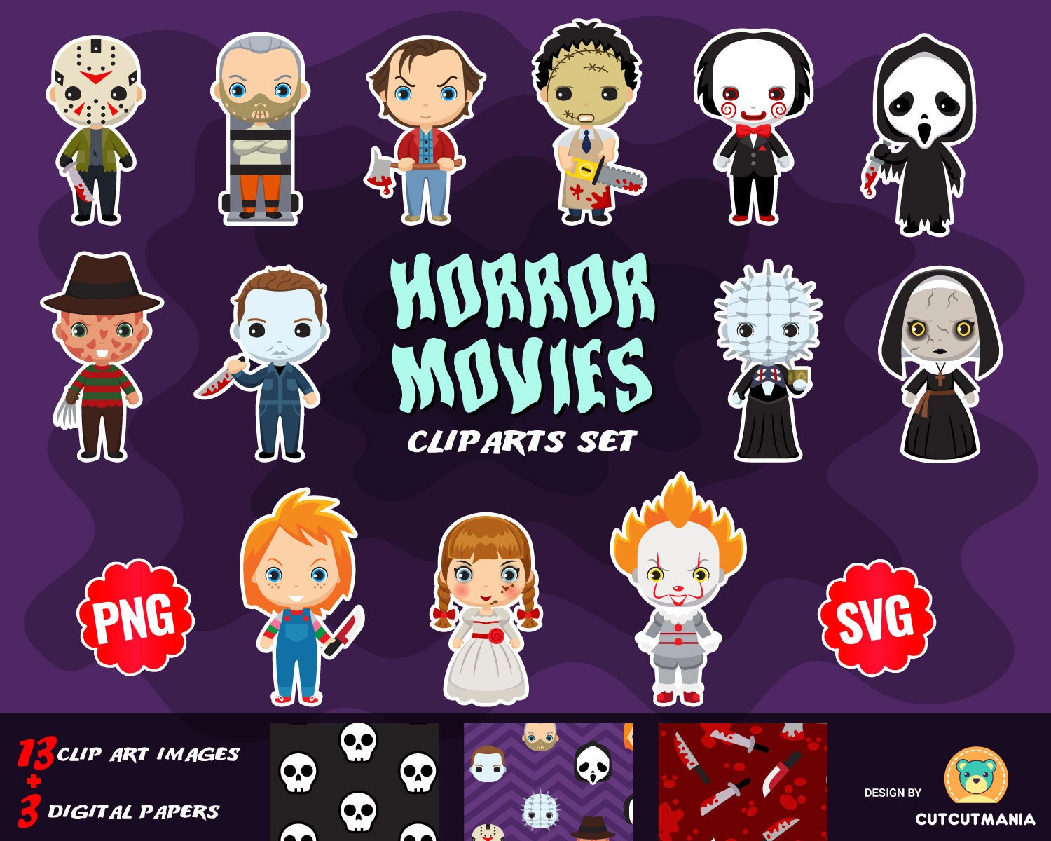 Horror Movies Cliparts Set Cute Halloween Characters Clip | Etsy