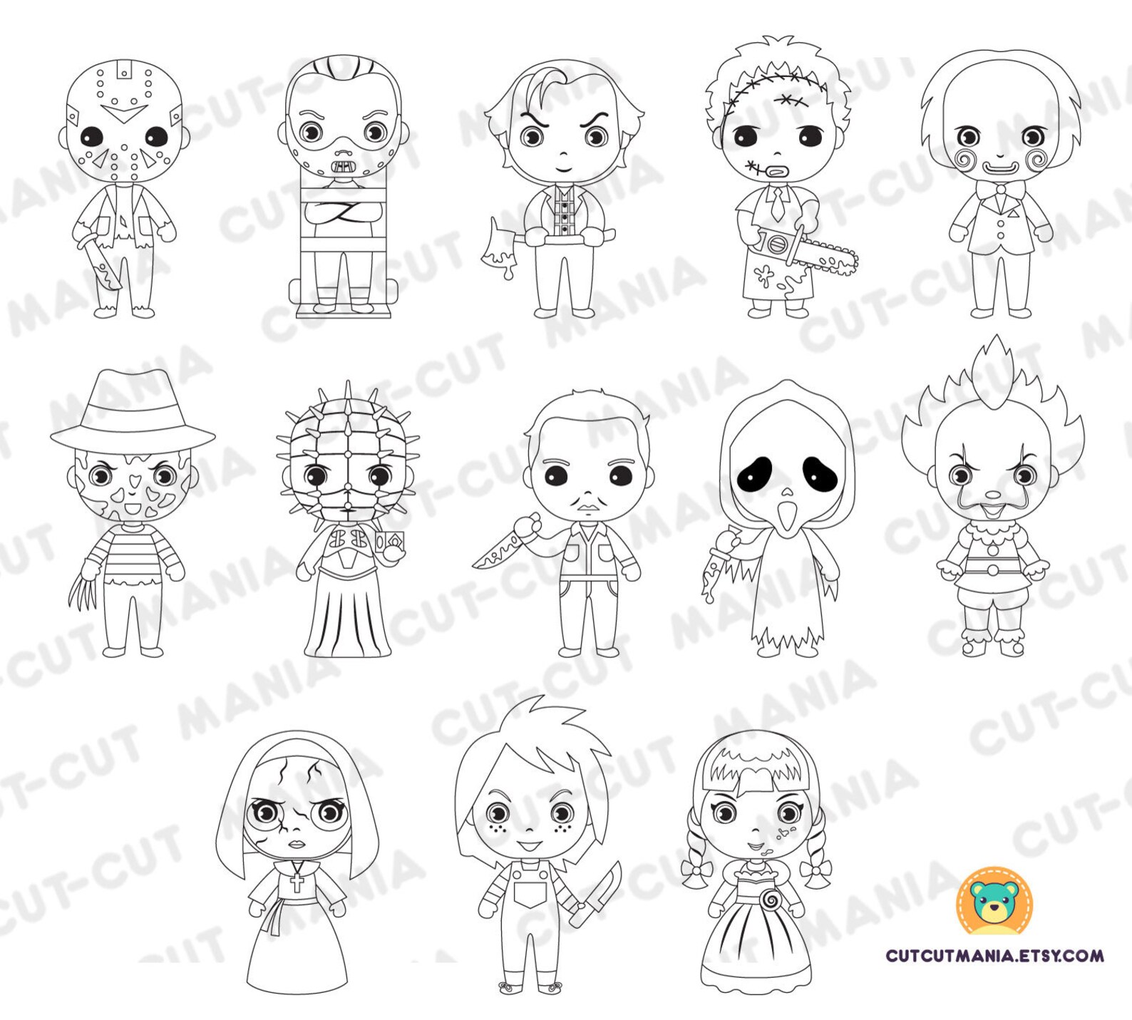 Cute Halloween Characters for coloring Horror Movies line | Etsy