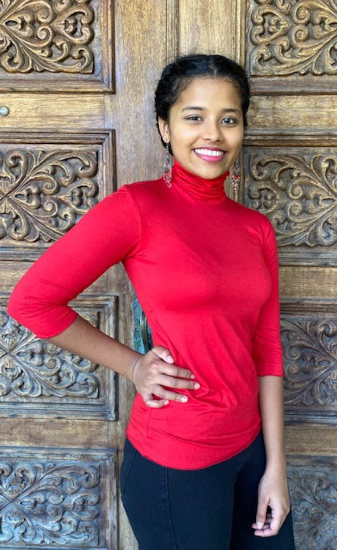 Red Turtleneck Top, Rayon Turtleneck, High Neck Sweater, 3/4 Sleeve ...