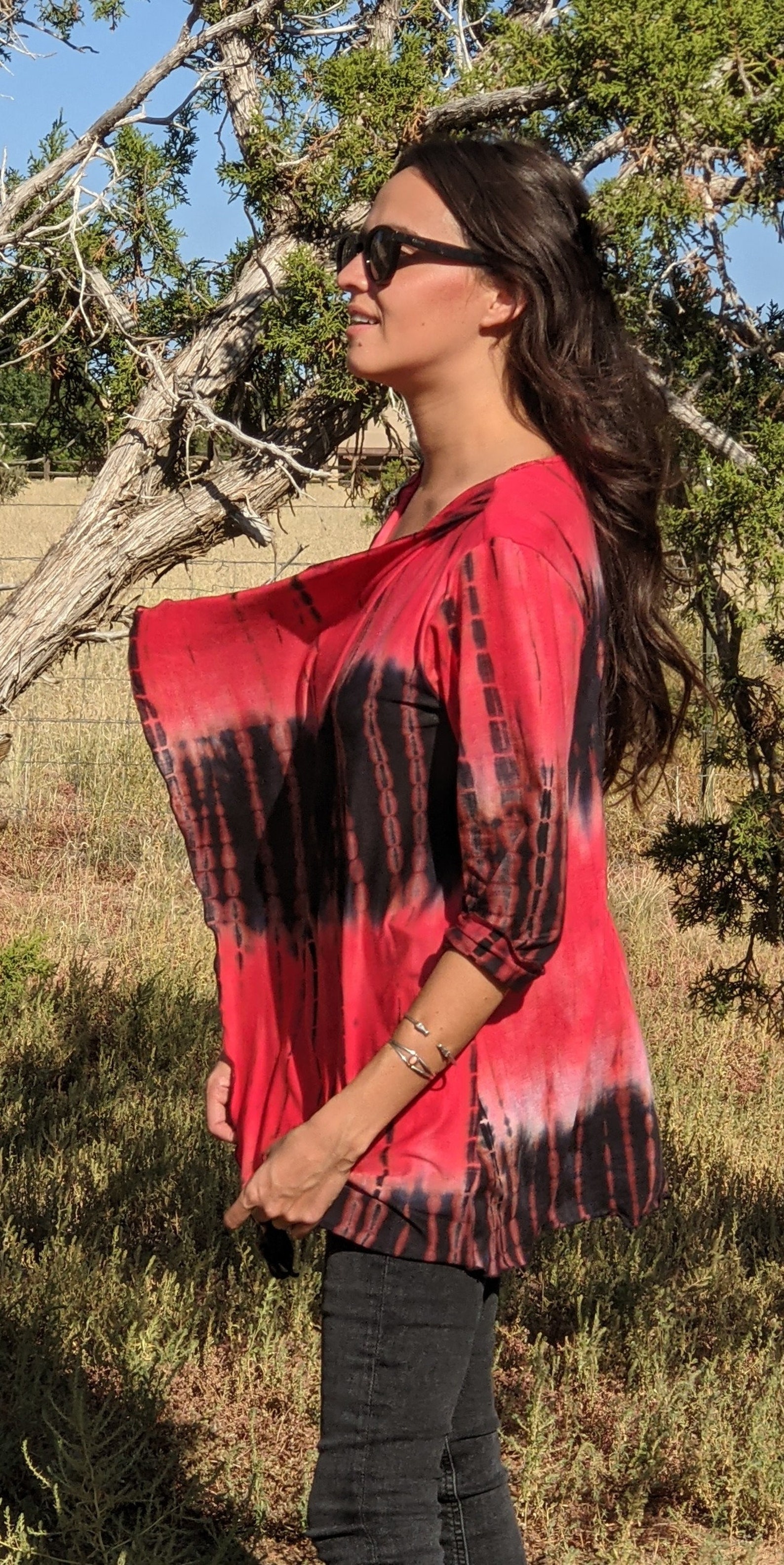 Rayon Tie Dye Tunic, Red Black Tie Dye Top, Stretch Tunic, V-neck Line ...