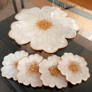 Large Flower Shape Gold Accented Tray With Matching Flower Coasters Set ...
