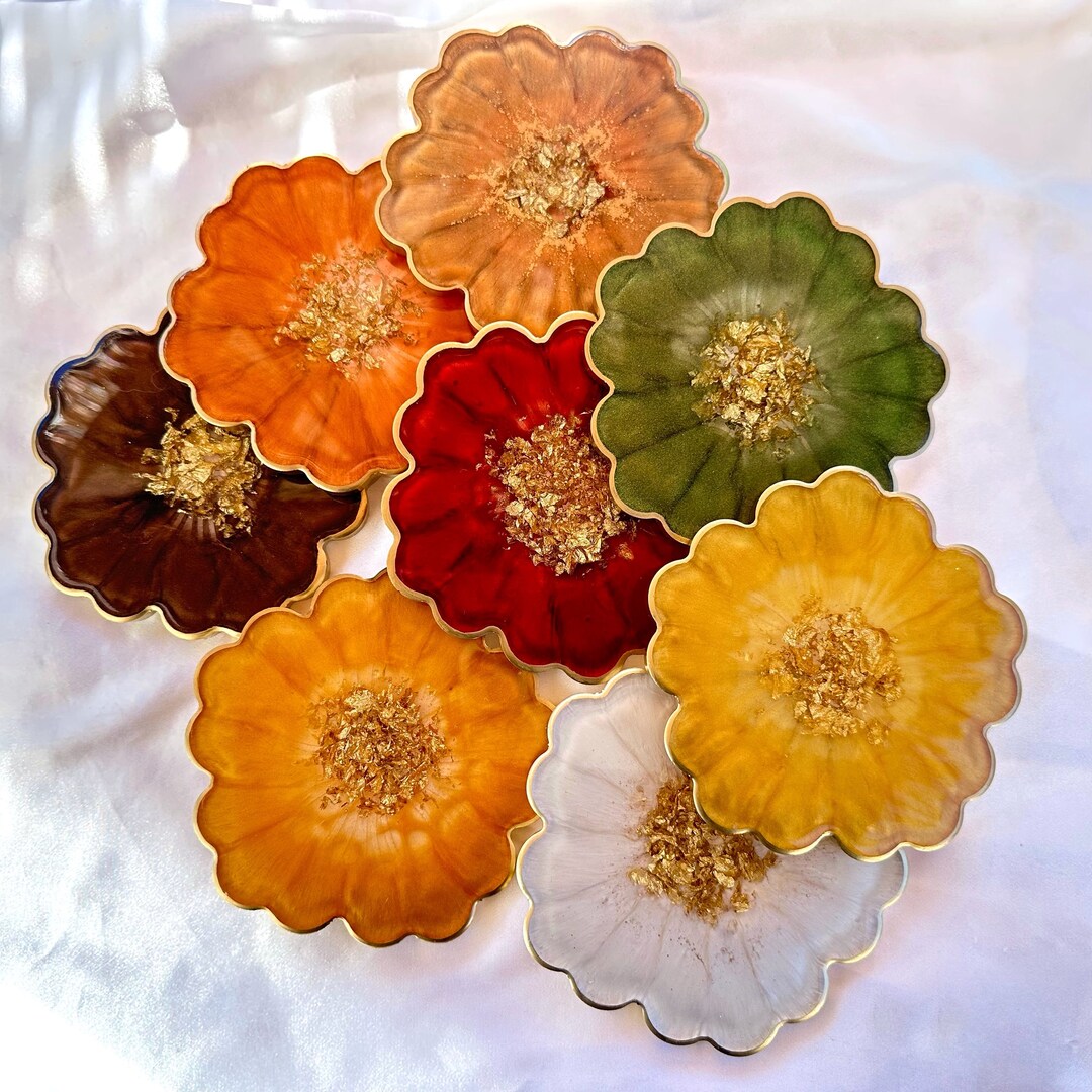 Fall Collection - Gold Accented Flower Handmade Resin Coasters - Etsy