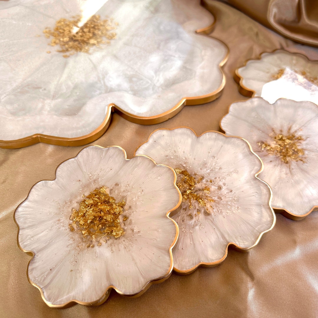 Large Flower Shape Gold Accented Tray With Matching Flower Coasters Set ...