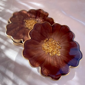 Chocolate Mocha Brown and Gold Flower Shaped Coasters - Etsy