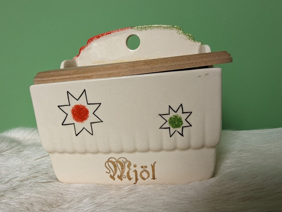 Vintage Salt Box, Salt Cellar With Wood Lid, Earthenware, White Ceramic ...