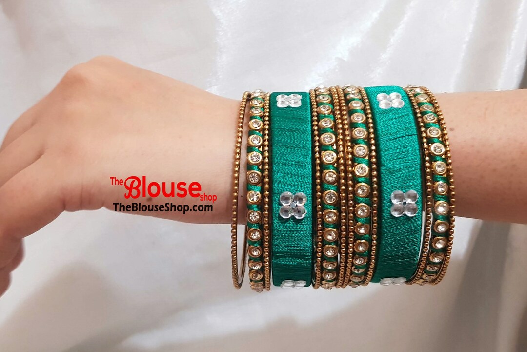 Indian Bangles Silk Thread Bangles Bangle Set Green Gold Plated New ...