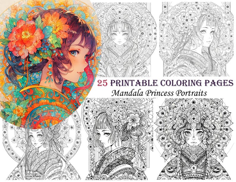25 Printable Coloring Pages, Mandala Princess Inspired, Anime, Digital ...