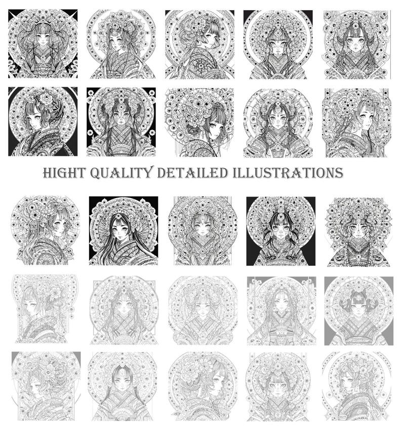 Mandala Princess Portrait Coloring Pages, Anime Illustrations (25 ...