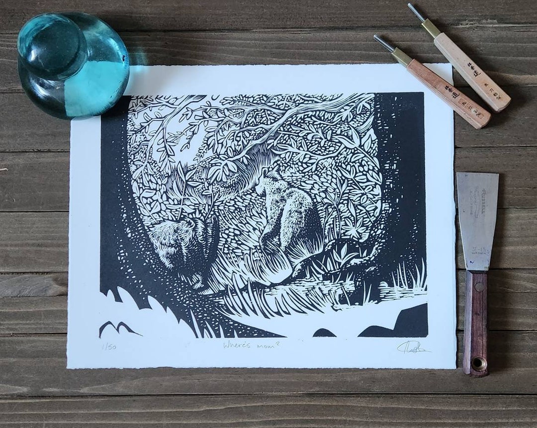Bear Cub Print Handmade Linocut Print - Etsy