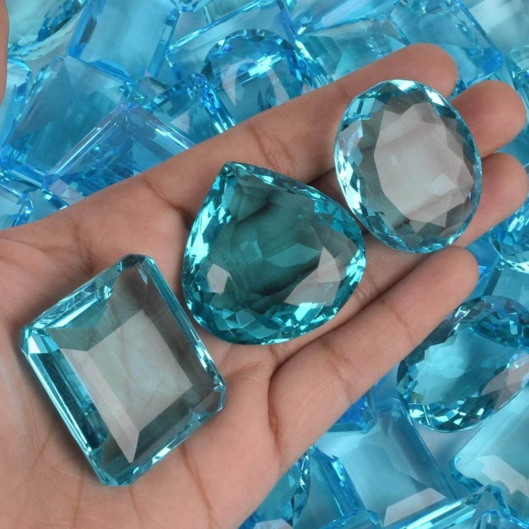 100 Carats Blue Topaz Facet Cut Loose Gemstones Glass Mix Lot Topaz ...