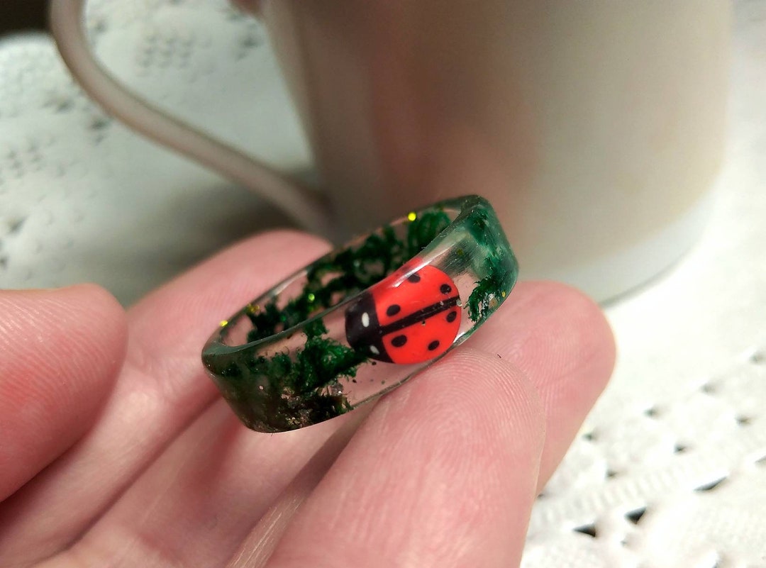 Real Moss Ring Ladybug Ring Resin Ring Green Ring Red Ring Resin Ring ...