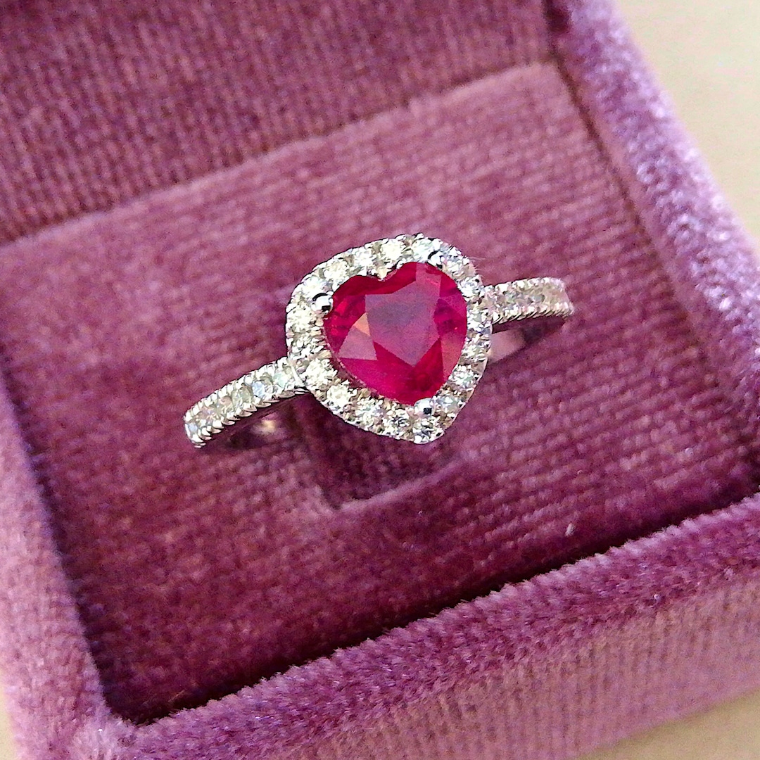 Bague Coeur Rubis et Diamants 18k Or Blanc - Etsy France