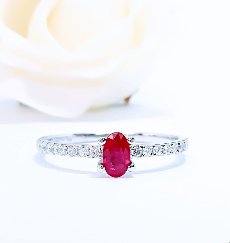 Ruby Solitaire Ring With Diamond in 18k White Gold - Etsy