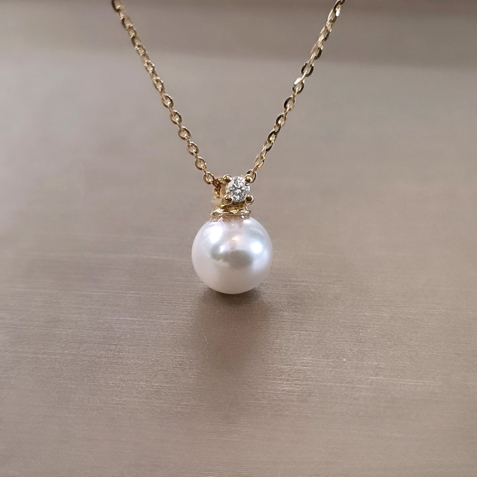 Akoya Pearl and Diamond Necklace 18k Gold, Single Pearl Necklace, Real ...