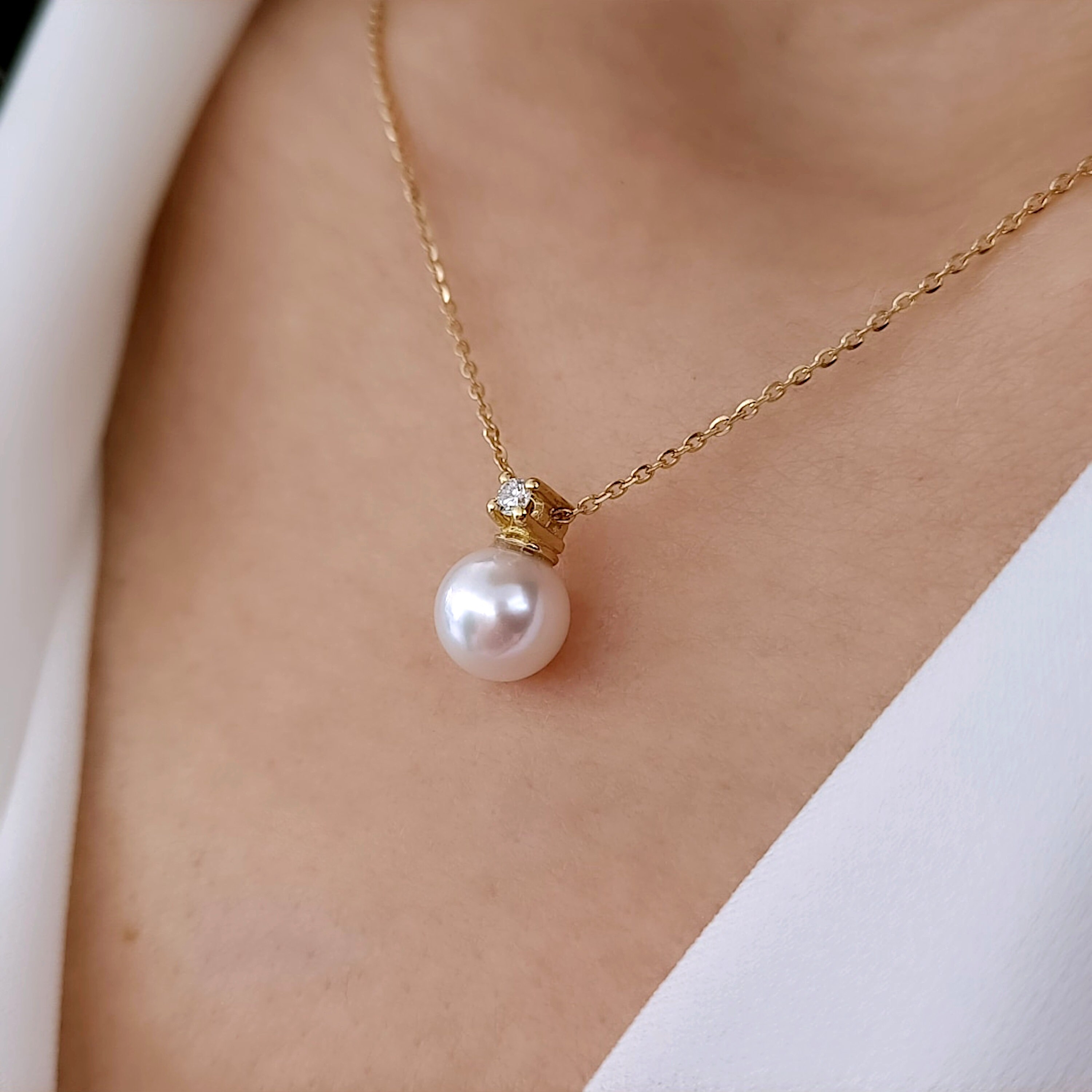 Akoya Pearl and Diamond Necklace 18k Gold, Single Pearl Necklace, Real ...