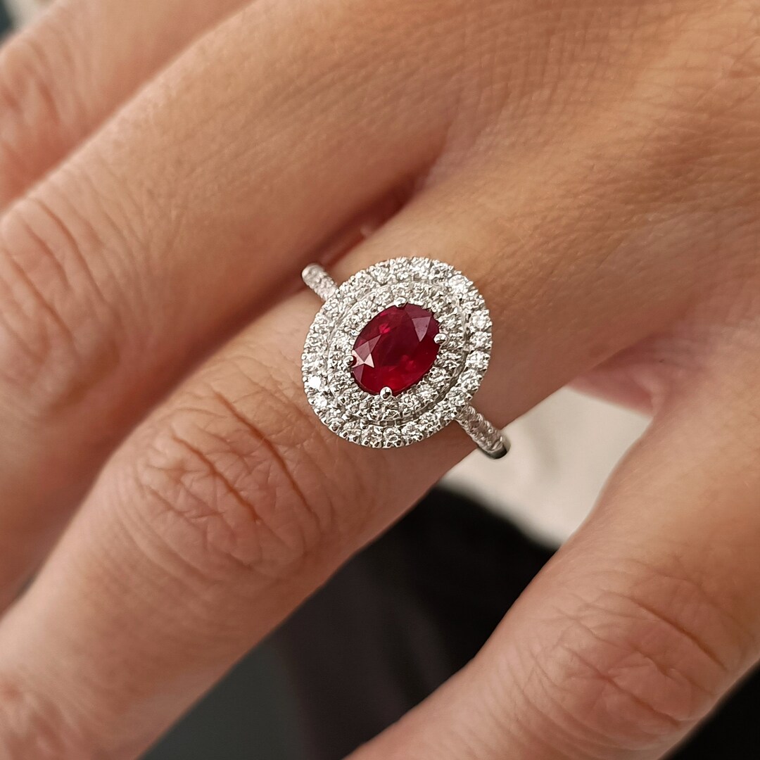 Oval Ruby Double Halo Engagement Ring Set in 18k White Gold, Diamond Ring - Etsy