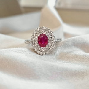 Oval Ruby Double Halo Engagement Ring Set in 18k White Gold, Diamond Ring - Etsy