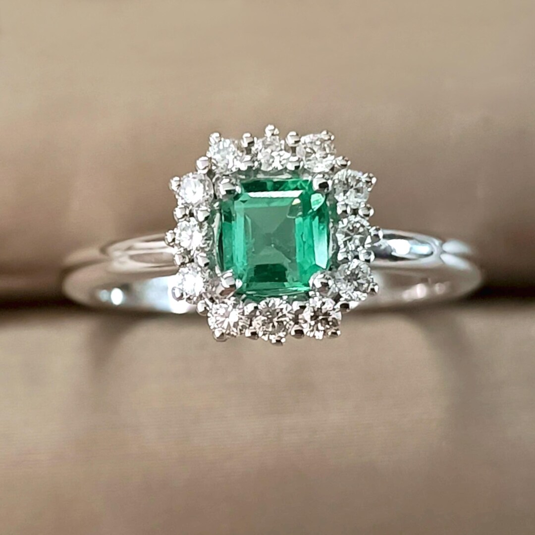 Emerald Cut Emerald Engagement Ring in 18k White Gold, Diamond Halo ...