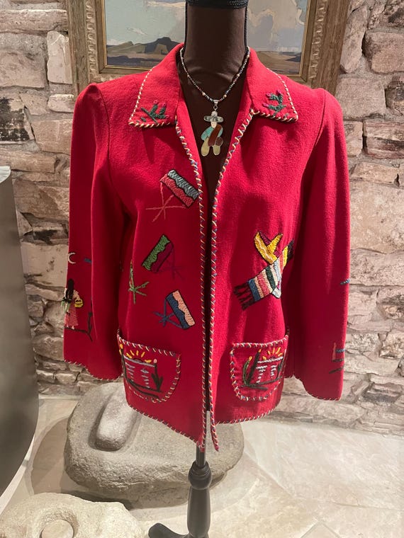 1950s Red Mexican Embroidered Tourist Jacket Size S/M - Gem