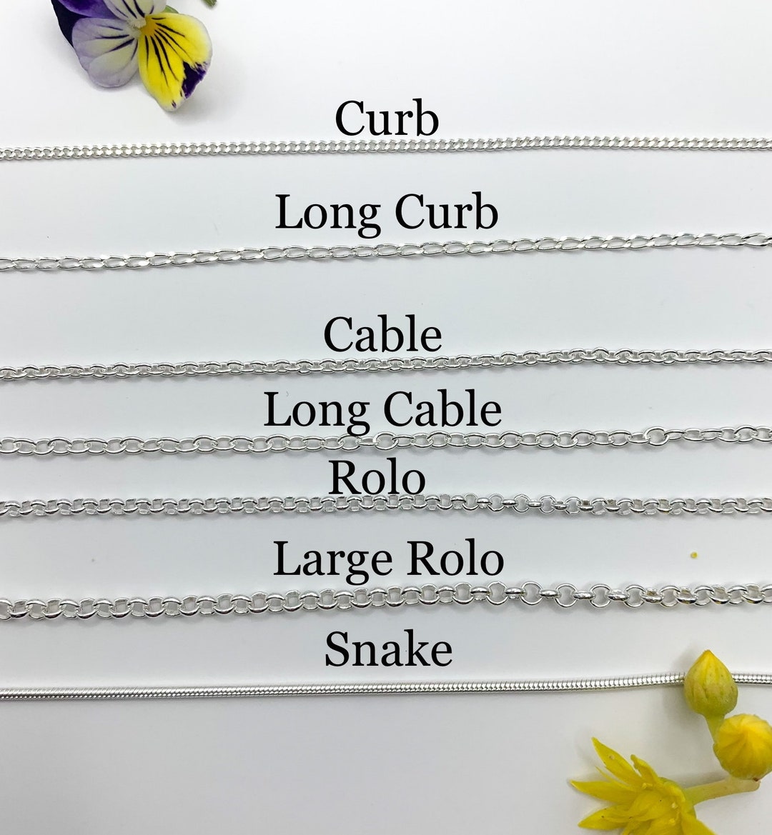 Sterling Silver Necklace Chains, 925 Stamped, Cable, Curb, Snake, Rolo ...