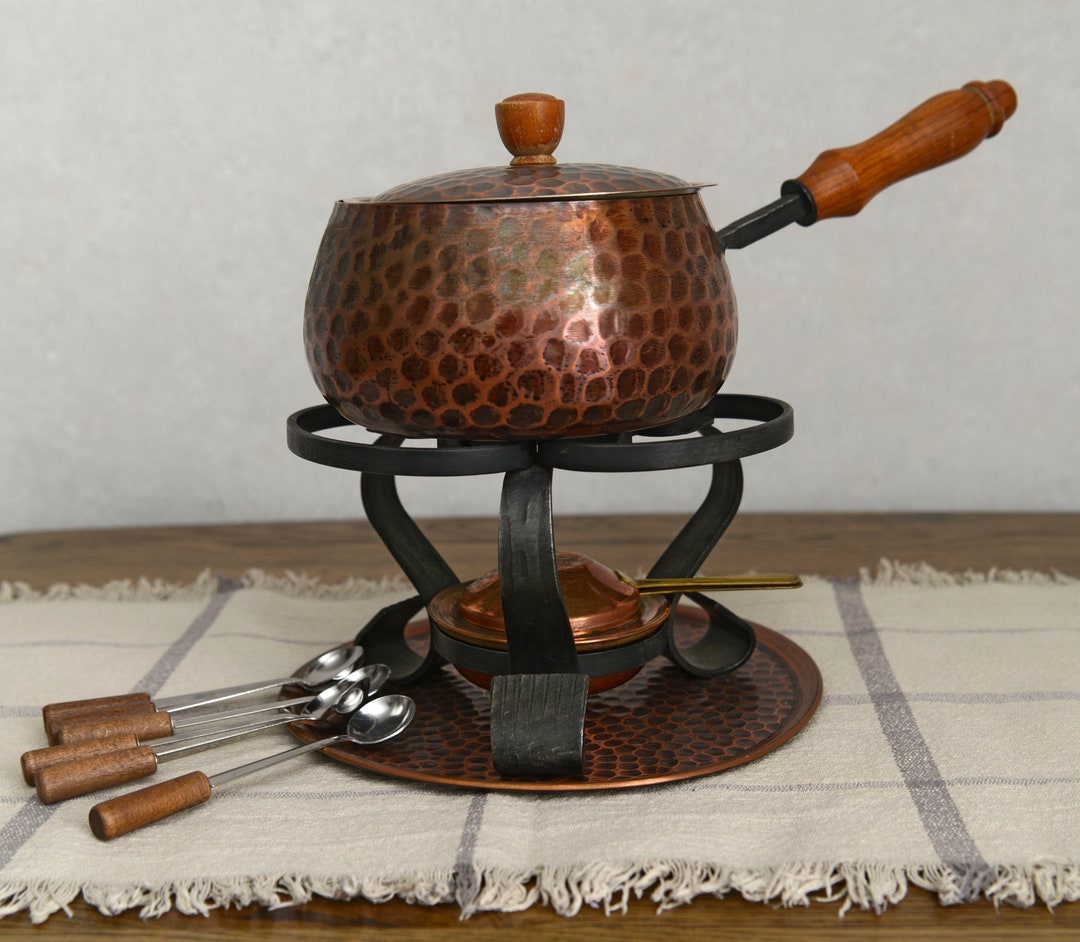 Fondue Set for 6 Persons, Copper Pot With Cast Iron Stand and Copper ...