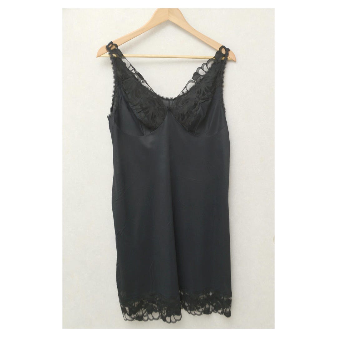 New Vintage Black Lace Night Dress. Black Lace Slip Dress, Black Silk ...