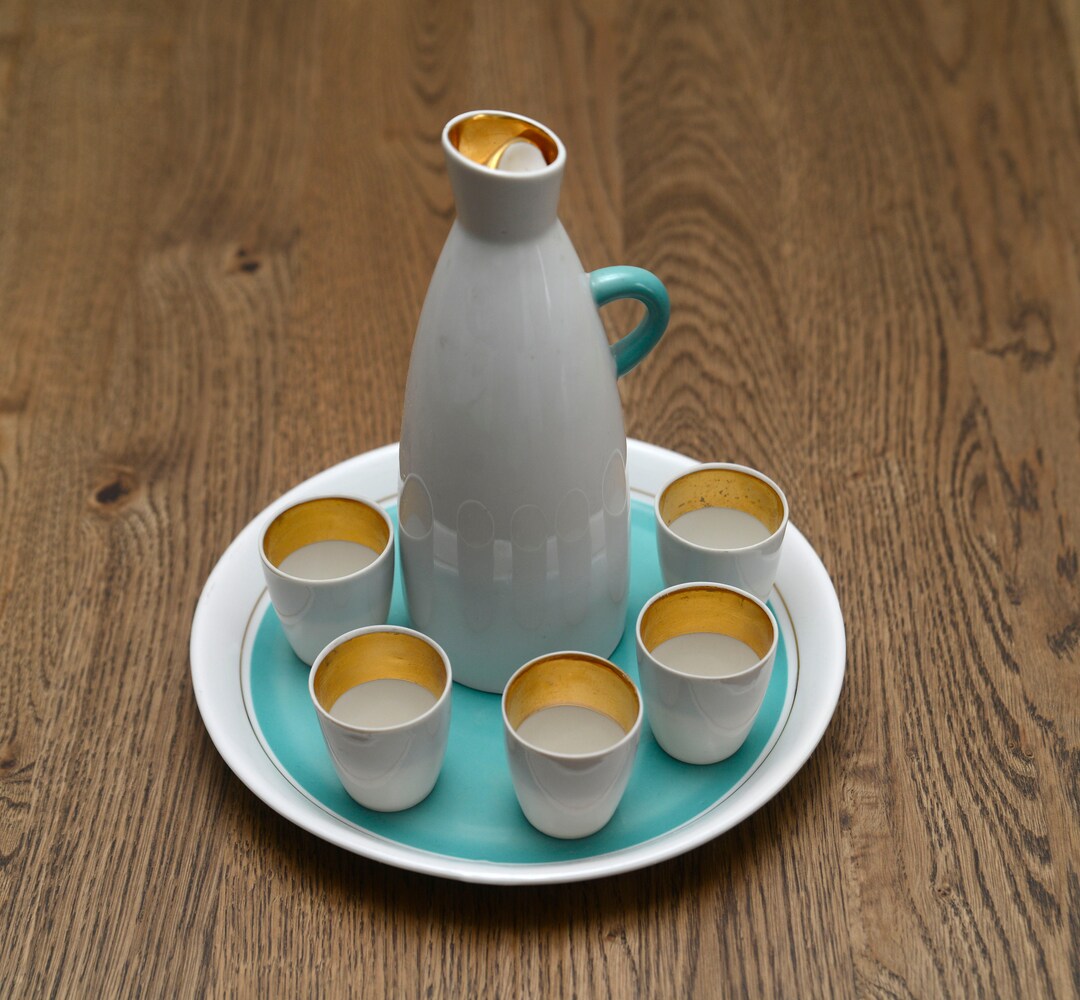 Vintage Porcelain Drinking Set .sake Set With 5 Cups and Tray . Liquor ...