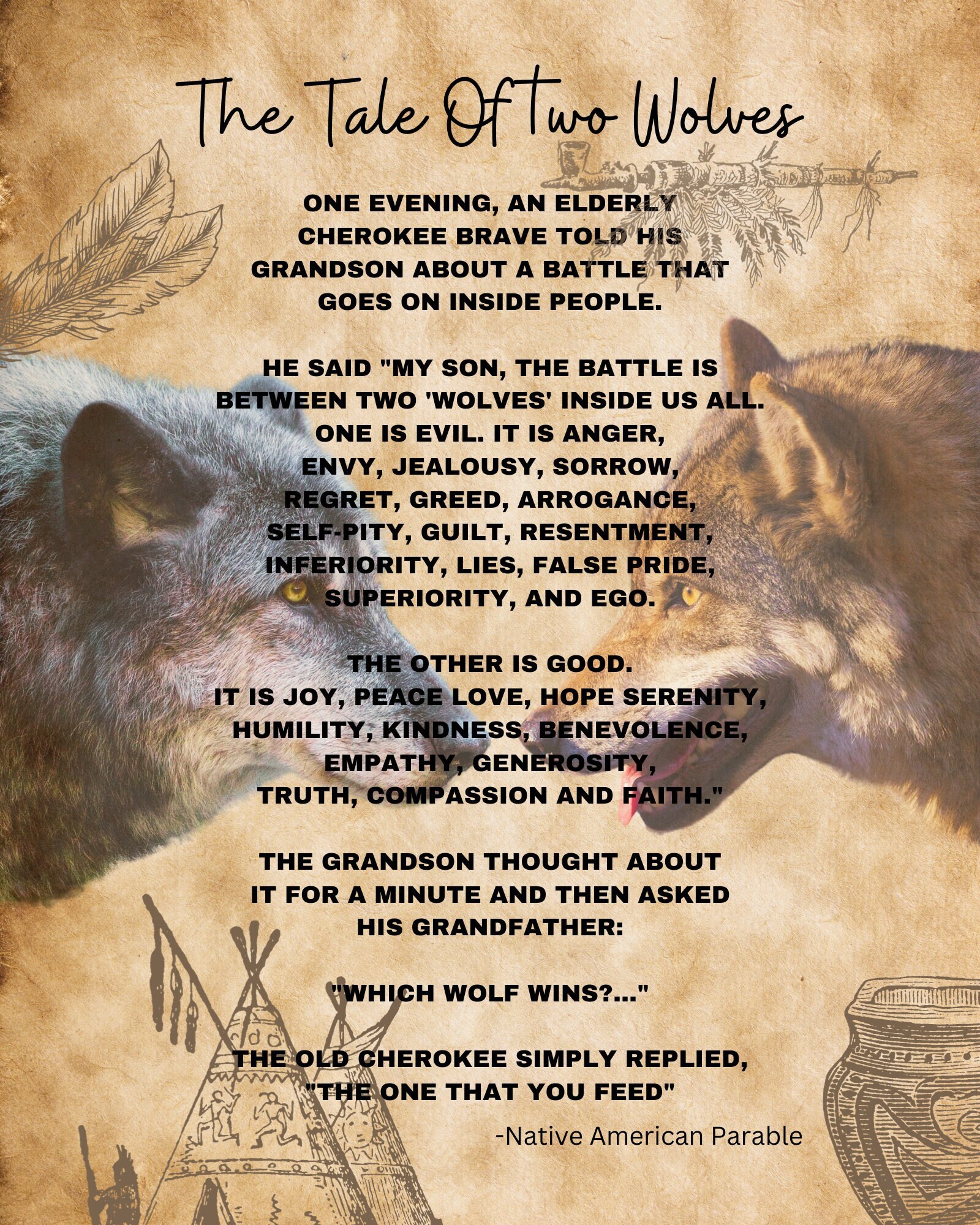 Wolf Gifts Tale of Two Wolves Legend Wolf You Feed Native American ...