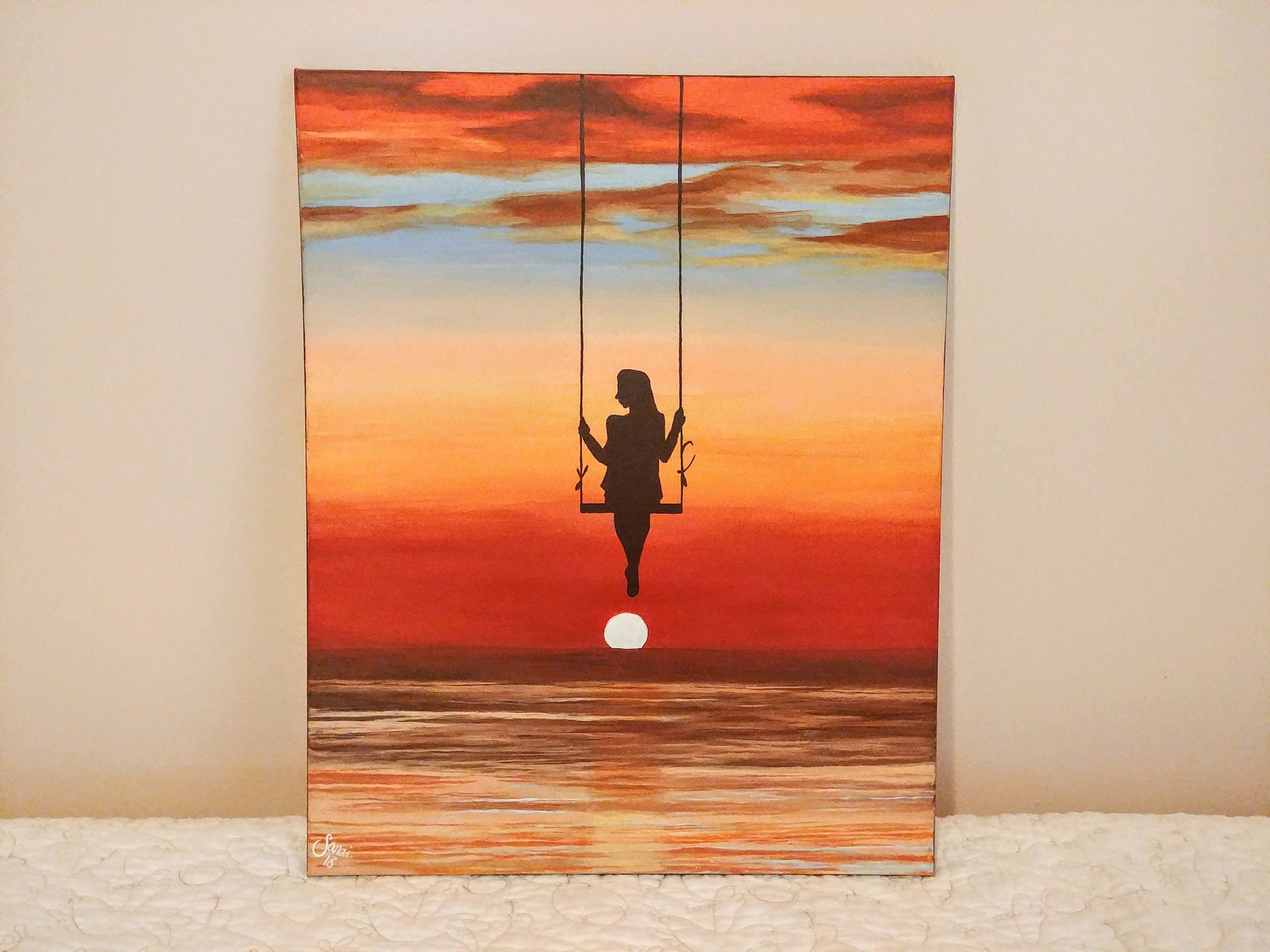 Girl on Swing Sunset Painting 16x20 Acrylic Original | Etsy