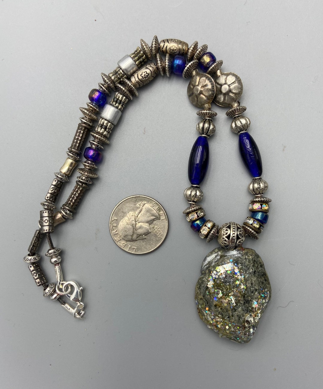 Namibian Sparkle Rock on Silver and Blue Beaded Chain - Etsy
