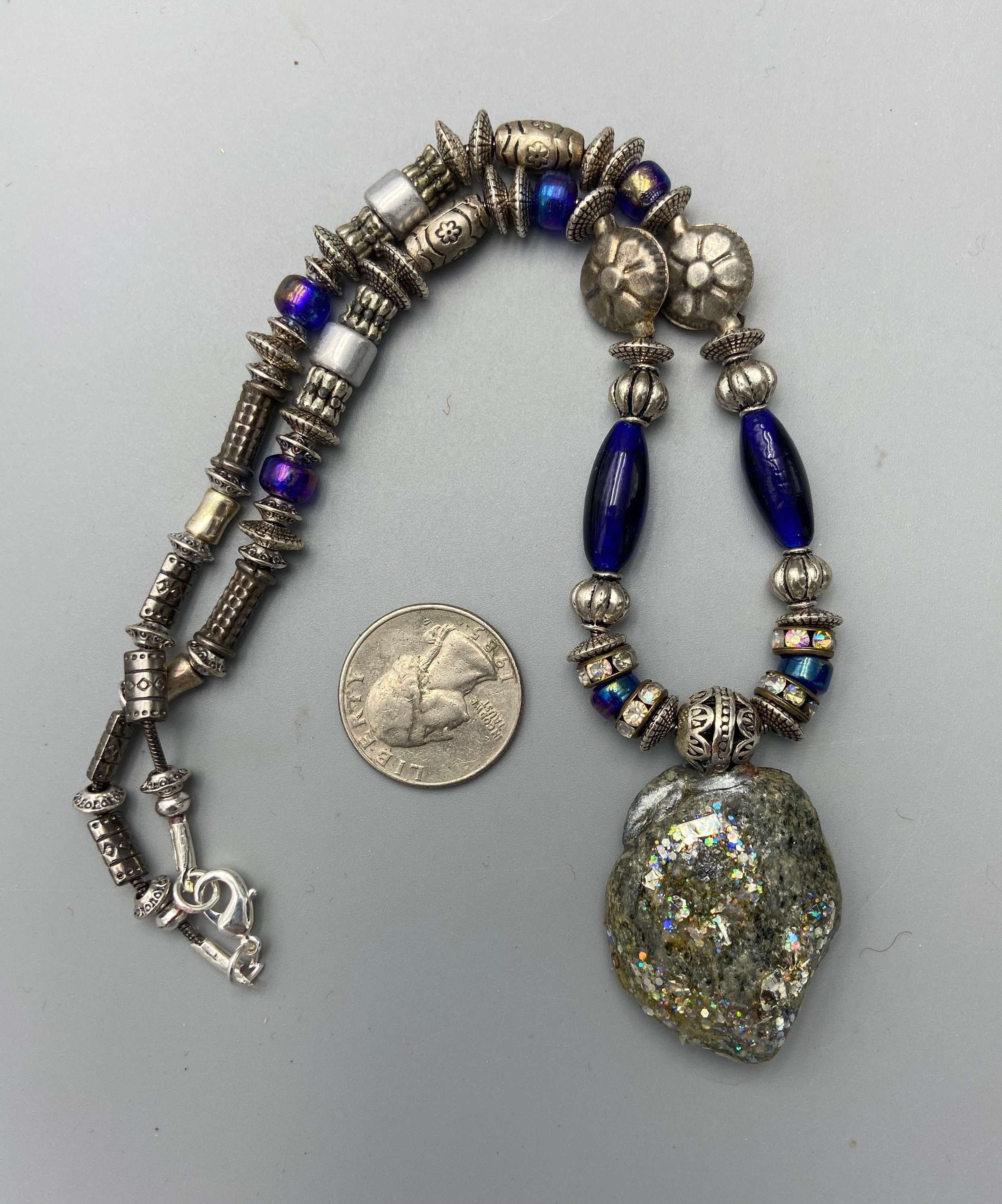 Namibian Sparkle Rock on Silver and Blue Beaded Chain - Etsy